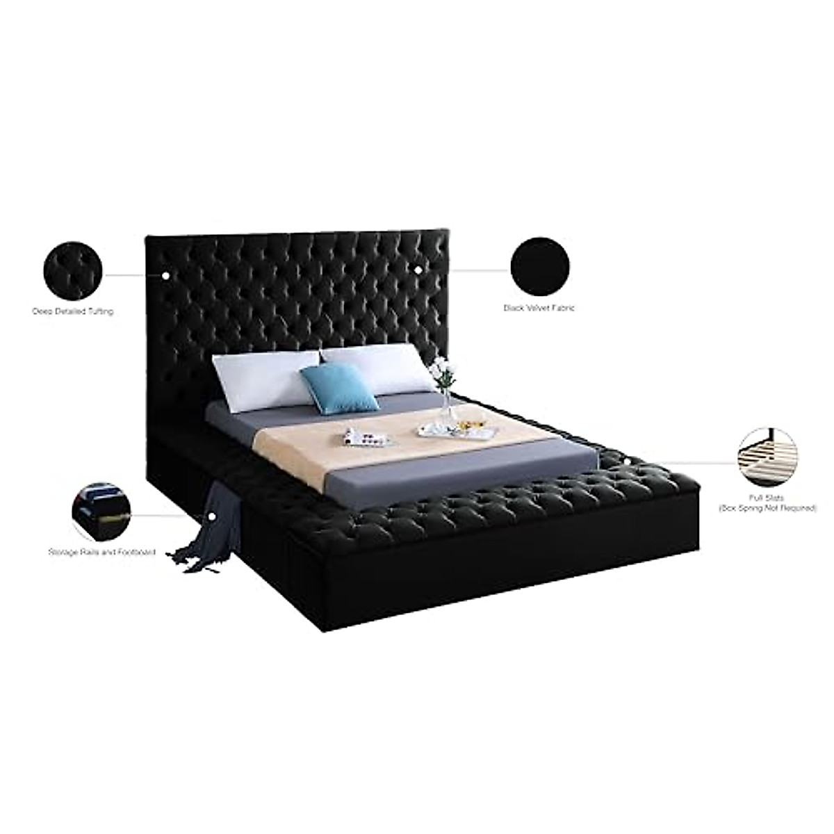 Meridian Furniture Bliss Collection Modern | Contemporary Velvet Upholstered Bed with Deep Button Tufting and Storage Compartments in Rails and Footboard, Black, Queen
