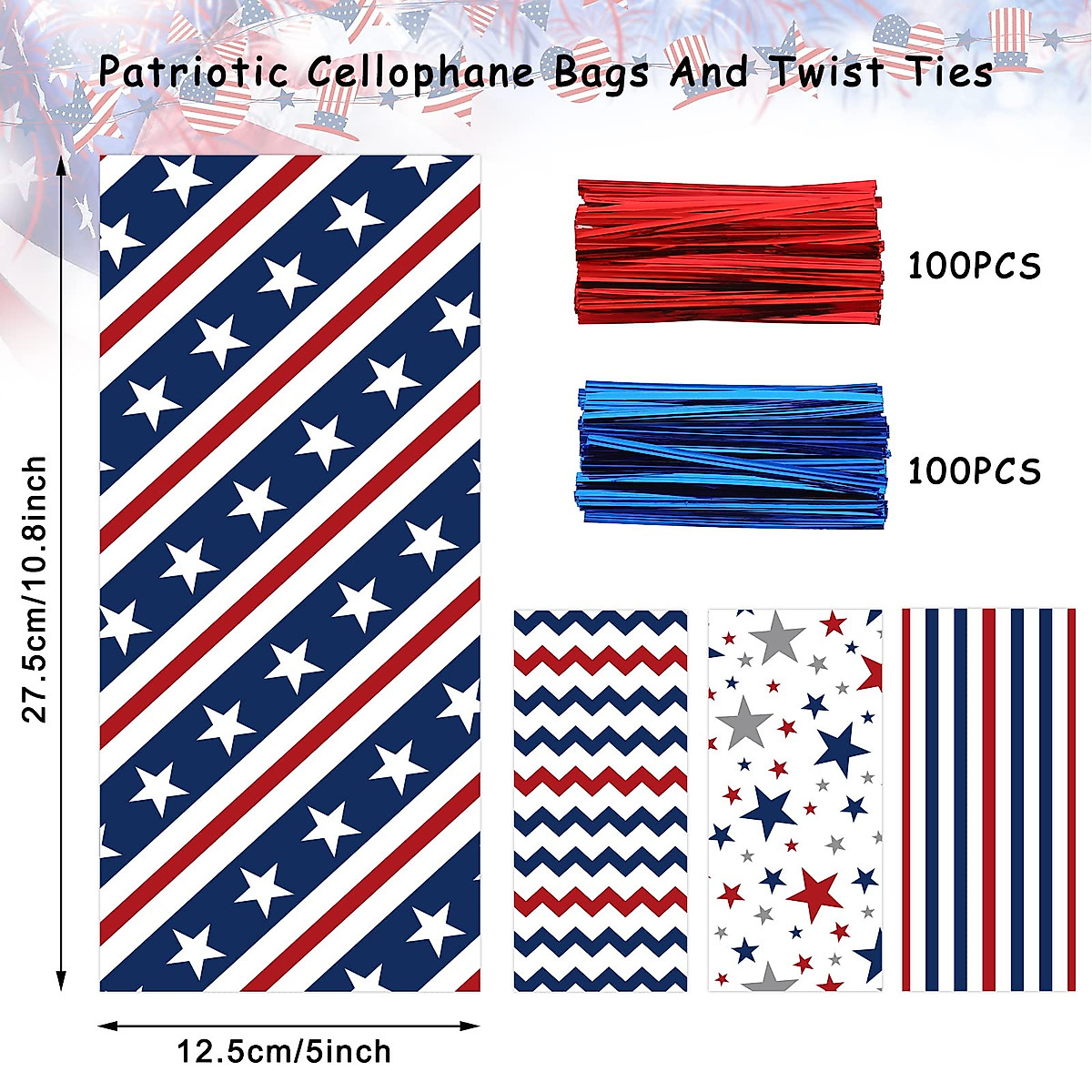 Whaline 160Pcs Patriotic Cellophane Treat Bags Star Wave Stripe Clear Plastic Candy Treat Cello Bags Boys Birthday Party Goodie Gift Bags with Twist Ties for Veterans Memorial Day Party