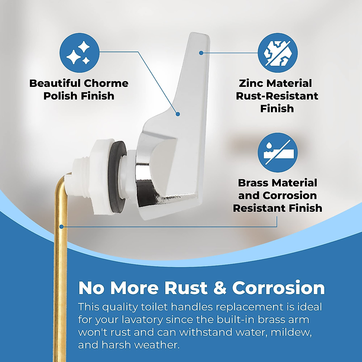 RAVINE Universal Toilet Handle Lever Replacement - Modern Chrome Polished Zinc Handle w/Brass Arm - Front Mount Toilet Flush Lever Compatible w/Most Toilet Tanks - Rubber Gasket Included