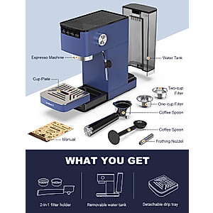 Laekerrt Espresso Machine 20 Bar Espresso Maker with Milk Frother Steam Wand, Compact Espresso Coffee Machine for Cappuccino and Latte (Navy Blue, Upgraded Version) Gift for Coffee Lovers, Dad, Mom