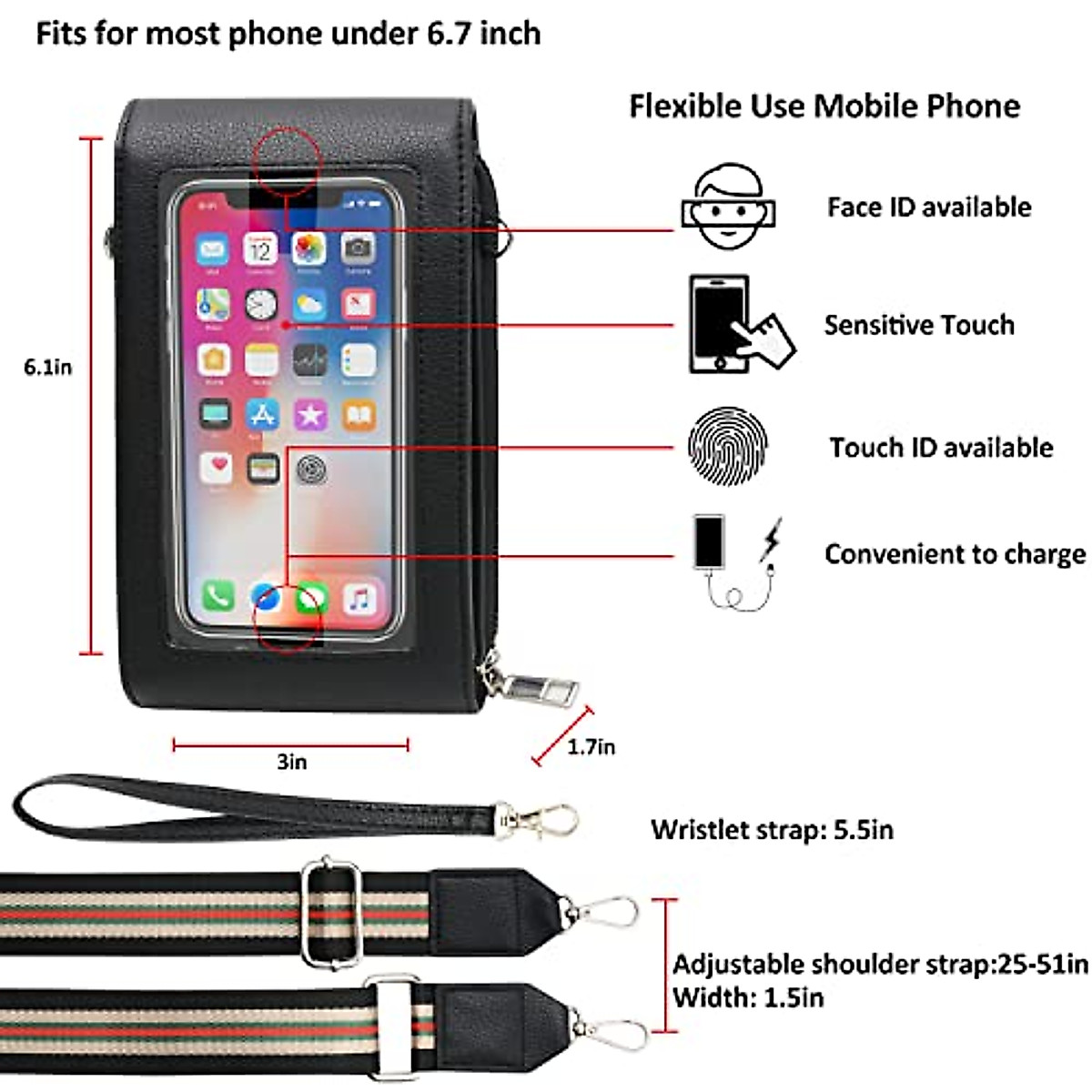 LITOON Cross Body Bags with Touchscreen Cell Phone Purse Window ZipperPocket, RFID Blocking Card Holder for Women (Vertical - Black)