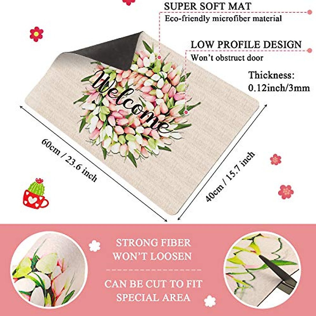 Nuanchu Flower Welcome Doormat 15.7 x 23.6 Inch Flower Theme Indoor Outdoor Welcome Mat Non Slip Welcome Mat for Spring Easter Door Decor