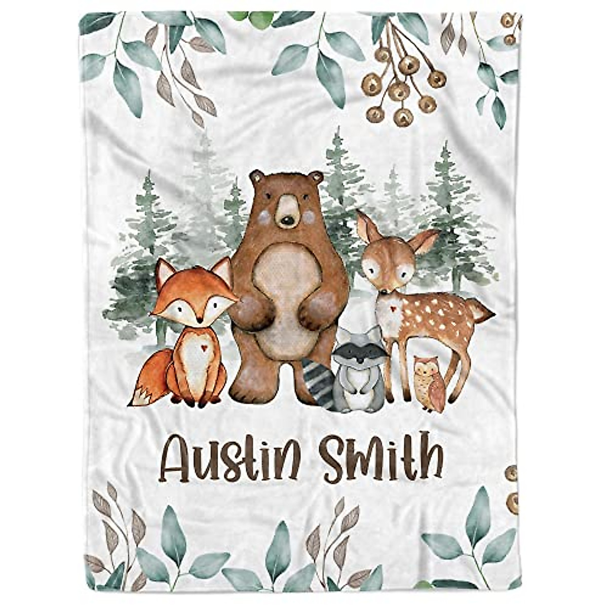Arteaga Personalized Baby Blankets for Boys, Customized Baby Blankets for Boys, Woodland Animals Baby Blanket, Best Gift for Baby, Newborn, New Mom, Super Soft Plush Fleece, 30''x40''