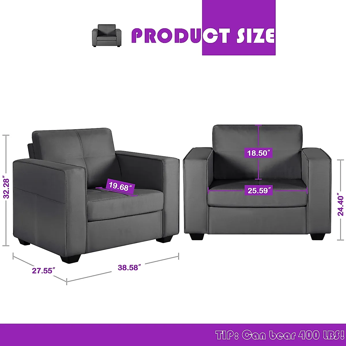 TYBOATLE Accent Chair, 38.58" W Mid-Century Modern Linen Fabric Tufted Living Room Chair, Comfy Upholstered Reading Club Arm Chairs for Living Room, Bedroom, Office (Dark Grey)