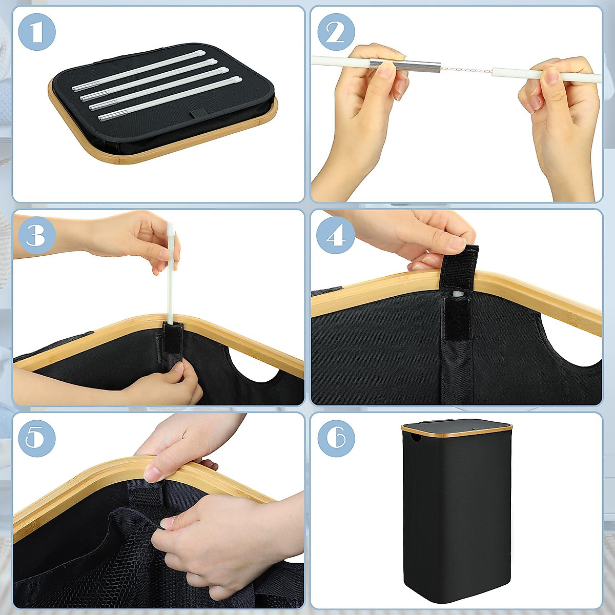 Bellzacasa Laundry Hamper with Lid, 110L Large Hampers for Laundry with Bamboo Handles and Removable Laundry Bag, Foldable Laundry Baskets with Lid for Bedroom Bathroom Tall Laundry Bin (Black)