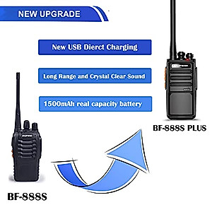 BAOFENG Walkie Talkies Long Range BF-888S Plus Rechargeable 1500mAh Li-ion All Day Working, USB Cable Charging Portable Two Way Radio with Earpieces and Mic（2 Pack）
