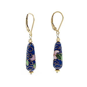 LTC Designs Dainty Small Blue Cloisonné Enameled Floral Teardrop Earrings made with 14k Gold-filled Leverbacks for Women, Teens, Young Adult Casual Everyday Earrings
