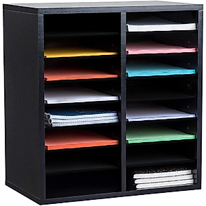 Adir Wooden Literature Organizer Sorter - Stackable Mail Craft Paper Storage Holder with Removable Shelves for Office, Classrooms, and Mailrooms Organization (16 Compartment, Black)