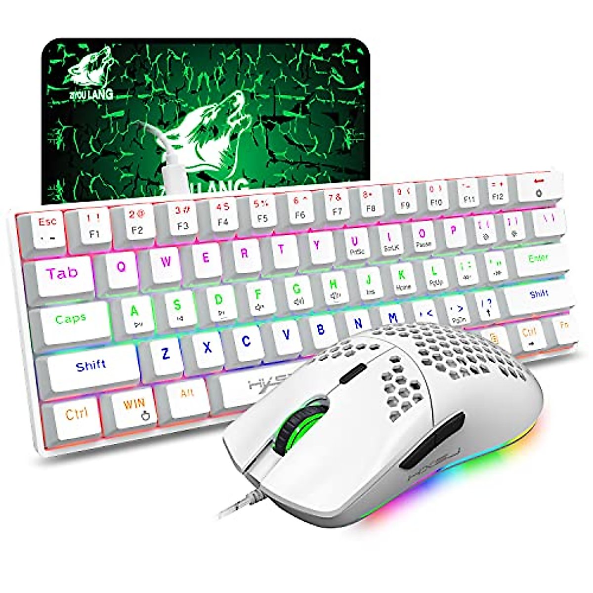 60% True Mechanical Gaming Keyboard Mouse Set, Type C Wired 61 Keys Layout Rainbow LED Backlit USB Waterproof Keyboard Anti-ghosting Keys+Lightweight RGB Mice 6400DPI for Computer/PC/Laptop/MAC(White)