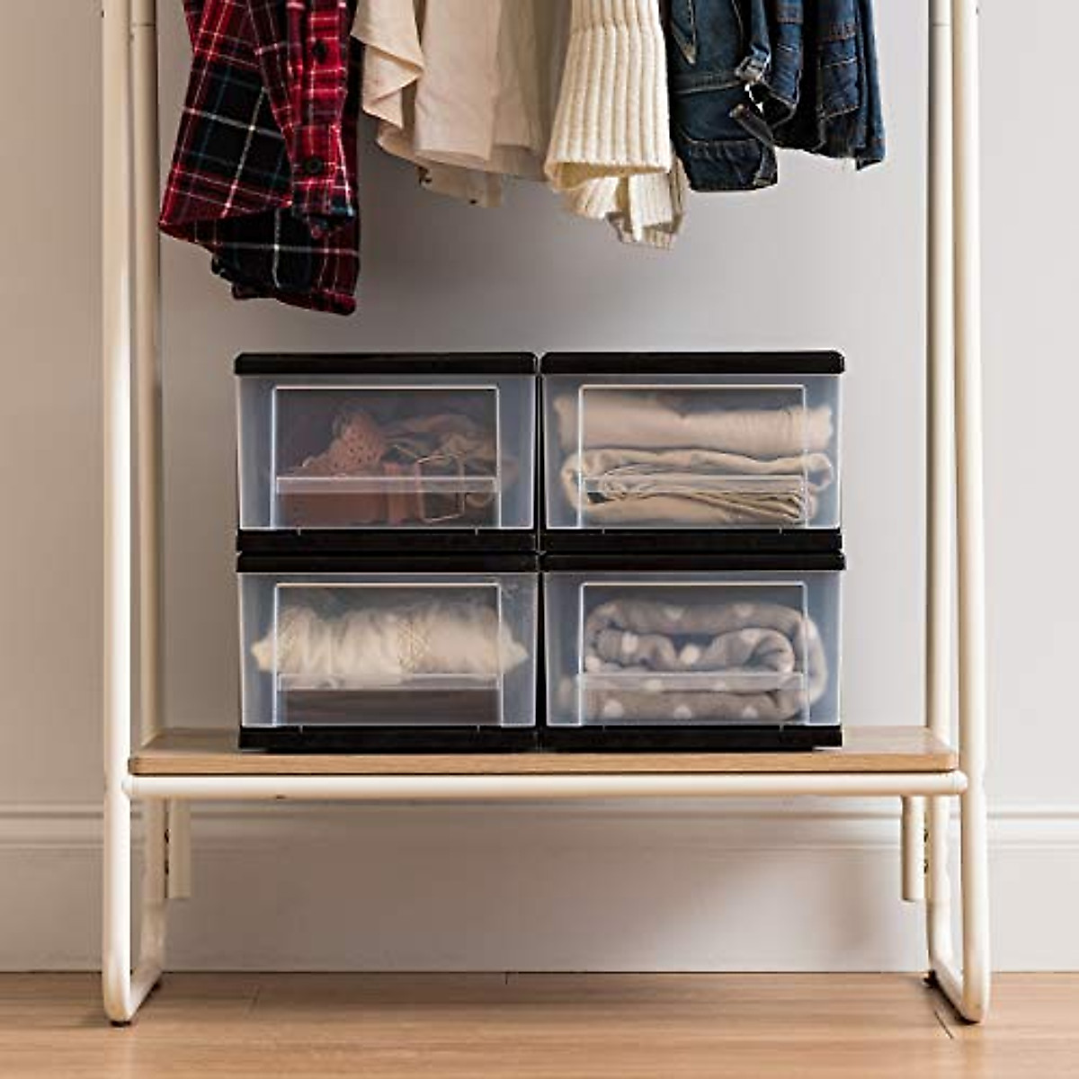 IRIS USA 7 Qt. Plastic Stackable Storage Drawers, Small, 4 Pack, Multi-Purpose Bins for Bedroom, Bathroom, Closet, Craft Room, Garage, Kids Room, Office, Pantry, Under Sink, Black