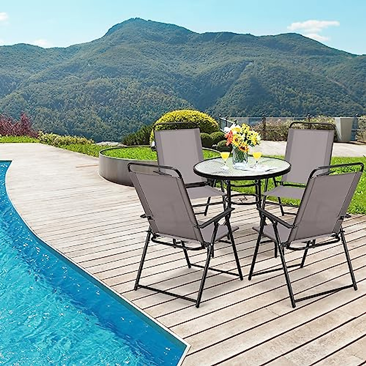 Giantex Patio Chairs Set of 4, Outdoor Folding Chairs with Armrests, Metal Frame, Outside Foldable Dining Chairs for Lawn Deck Porch Beach Yard (Gray & Black)