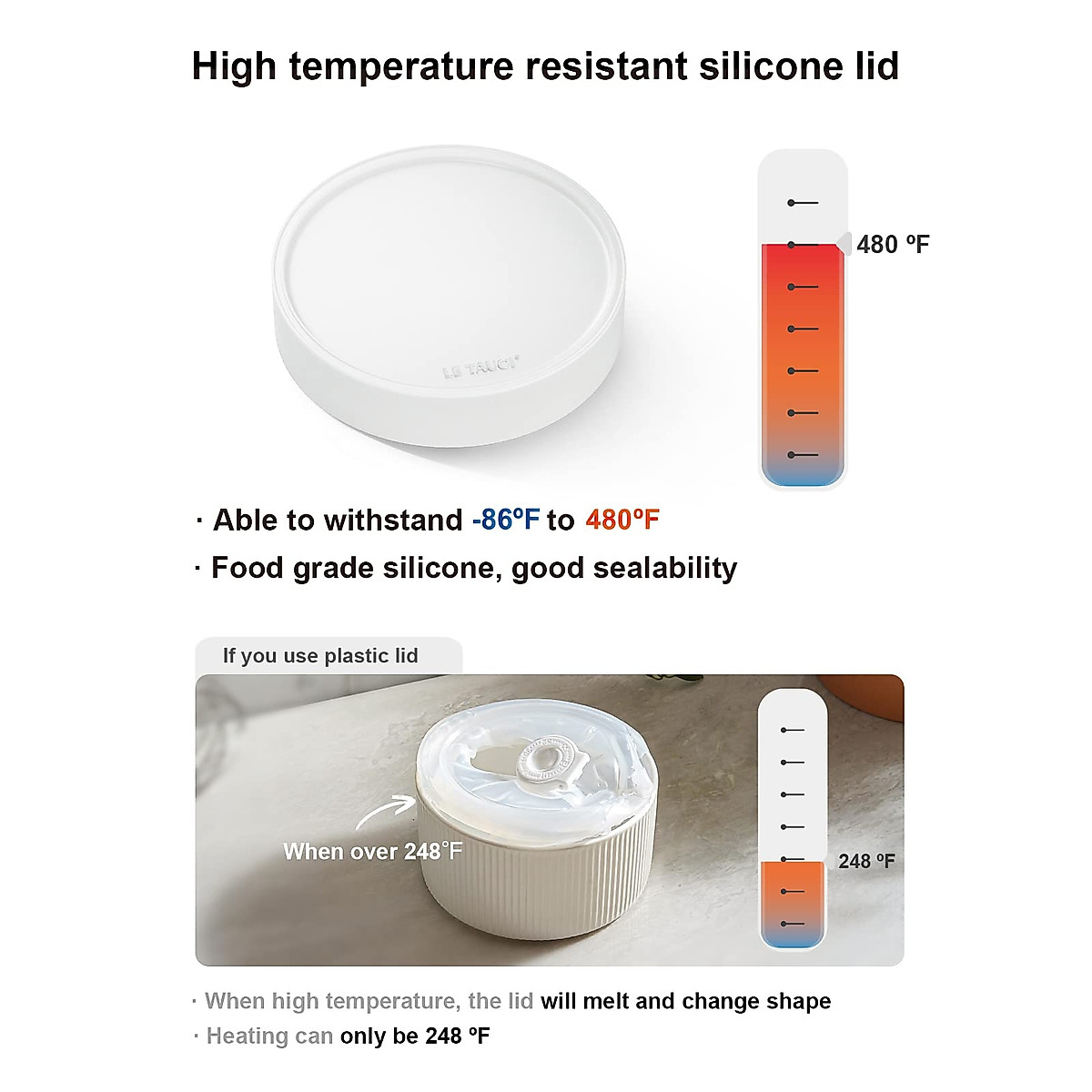 LE TAUCI 8 oz Ramekins with Silicone Storage Lids, Creme Brulee Dishes, Custard Cups for Baking, Oven Safe, Set of 6, White