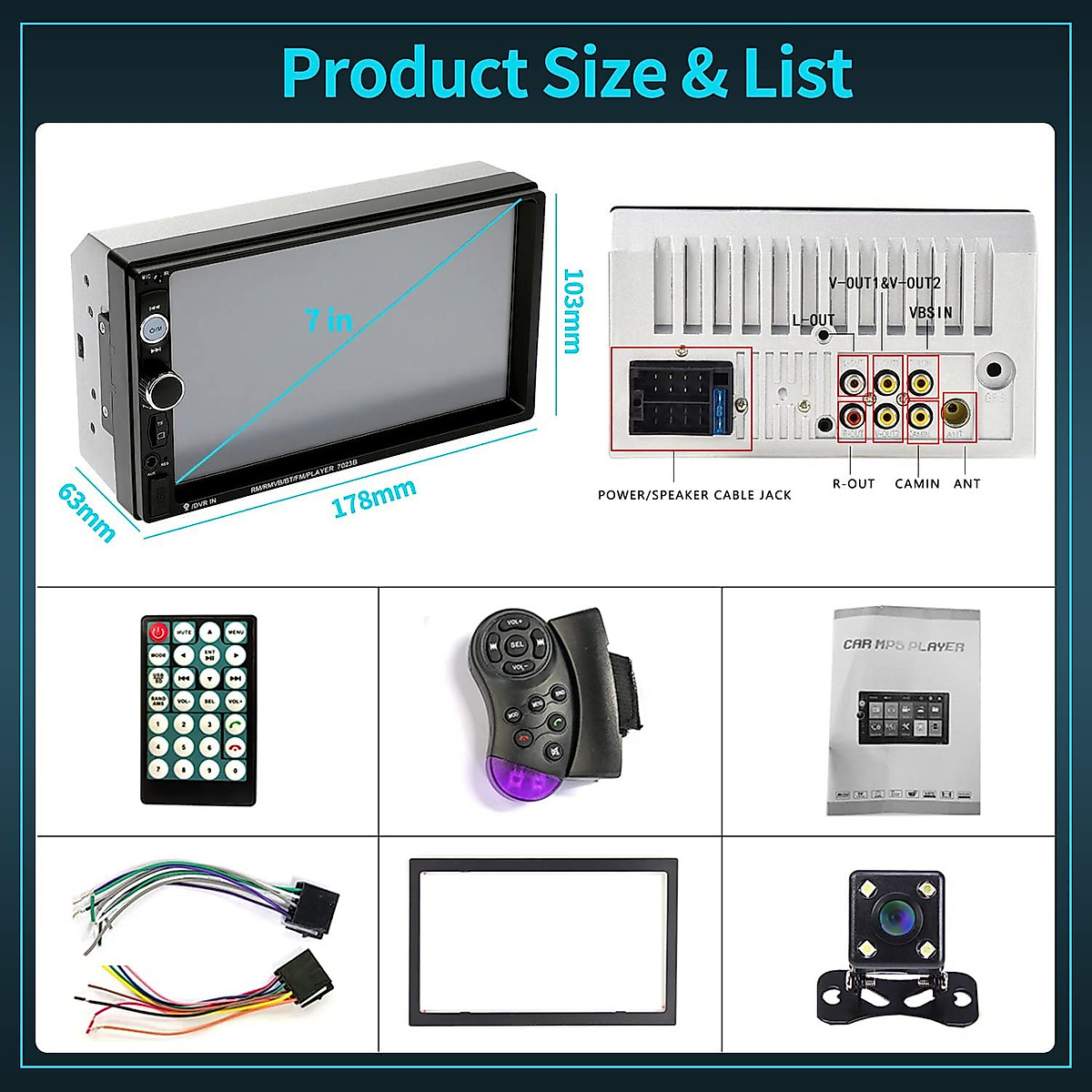 Hikity 7 Inch Double Din Car Stereo Touch Screen Car Radio with Bluetooth Backup Camera, FM Car Audio Receivers, Support Mirror Link for Android iOS Phone USB AUX-in TF Card