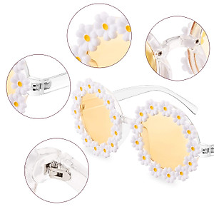 2 Pairs Daisy Flower Sunglasses for Women Round Flower Glasses for Adult kids Decor with Glasses Cloth Flannel Bag (Grey, Yellow)