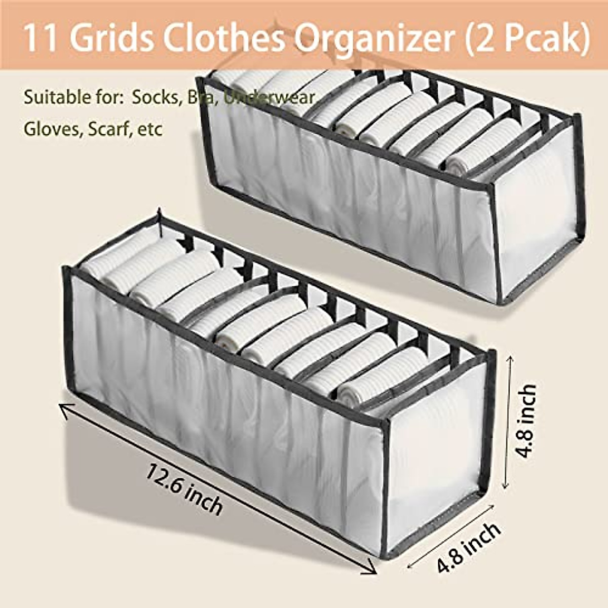 OHEMDI 2 Pack 11 Grids Wardrobe Clothes Organizer and Storage for Underwear and Socks (2 pcs - 11 Grids (Socks))