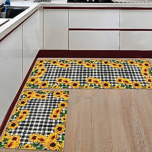 HuHuBubble Sunflower Kitchen Mats and Rugs Set, 2 Pcs for Floor, Non slip Mat Waterproof Machine Washable Rugs, Home Decor Kitchen, Office, Laundry (15.7x23.6in+15.7x47.2in)