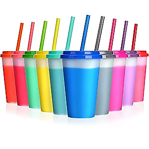 Plastic Kids Cups with Lids and Straws - 10 Pack 12 oz Reusable Tumbler with Straw | Color Changing Cup with Lid Adults Bulk Travel Tumblers Drinking Cups for Cold Coffee