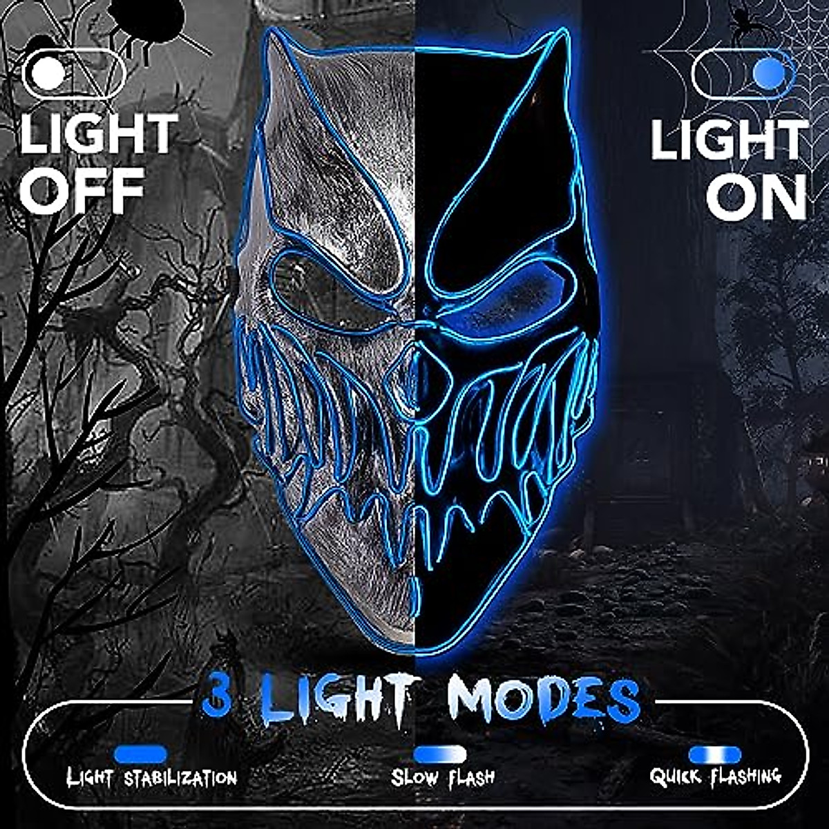 SZILBZ Halloween Mask Purge,Scary Mask LED Light Up Mask Cosplay,3 Lighting Modes,for Halloween Festival Cosplay Costume Parties Carnival for Boy Girls(Blue) (Age range is >15 years)