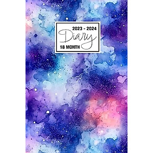 2023 - 2024: 18 Month Diary A5 Week to View on 2 Pages Weekly Journal Agenda WO2P Planner Jul 23 to Dec 24 Horizontal With Moon Phases, UK & US ... Watercolour Clouds Nebula Stars And Night Sky