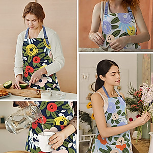 NLUS 2 Pieces Aprons for Women with Pockets, Adjustable Floral Kitchen Apron with Long Ties for Cooking, Drawing, Crafting(Black/Blue)