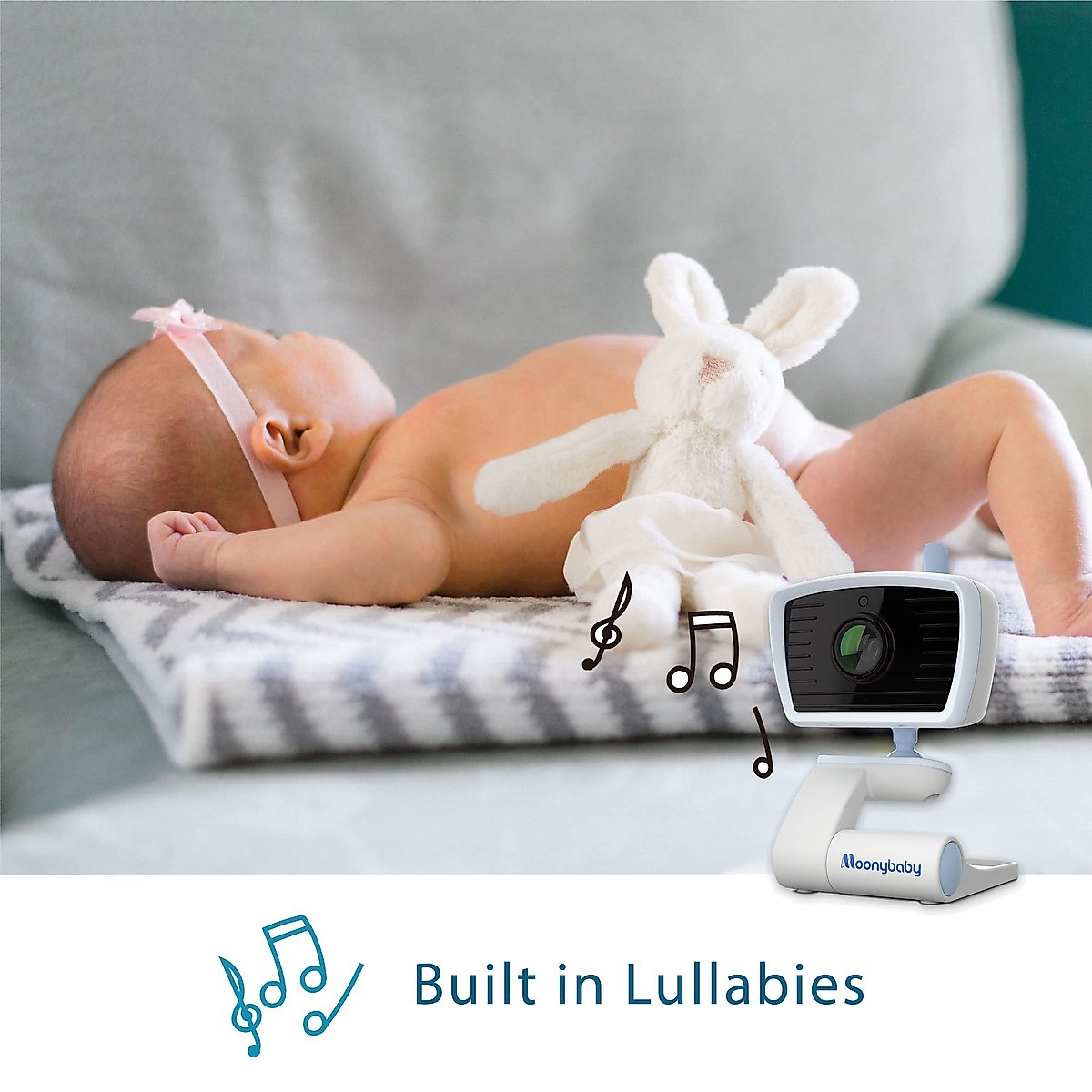 Moonybaby 5" HD A.N.R. (Auto Noise Reduce) Baby Monitor with Camera and Audio, Model: QuadView 30, No WiFi, 20 Days Battery Life in ECO Mode, Long Range, 2-Way Audio, Lullaby, Room Temperature Display