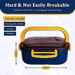 Cute colorful Blue & Yellow Bento Lunch Box containers with Detachable Divider, leakproof seal, Microwave and dishwasher safe (1200ml), with reusable utensils for your daily takeaway meals.