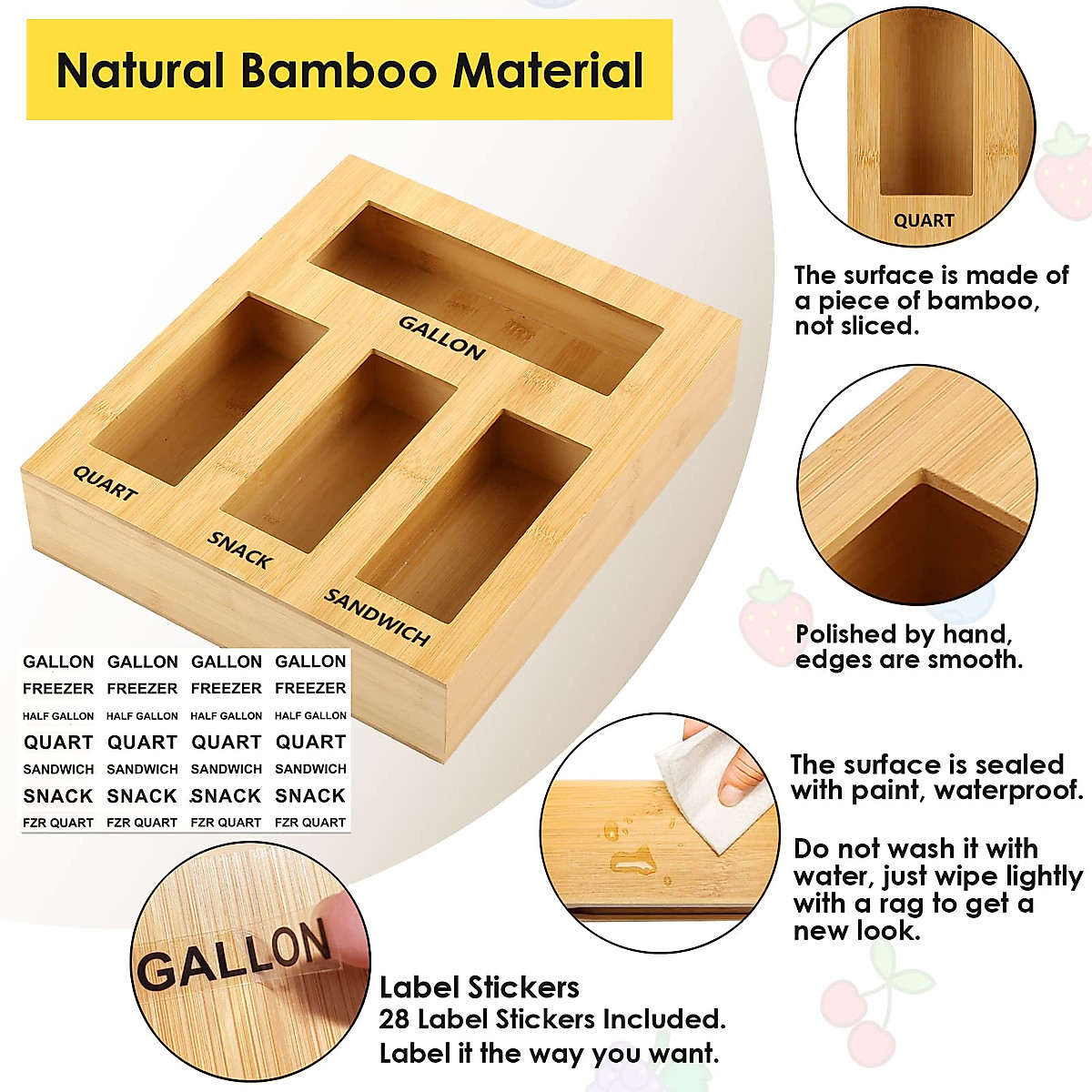 Bag Storage Organizer with Stickers for Kitchen Drawer, Bamboo Made Food Storage Wrapped Baggie Organizer Holders Dispenser, Compatible with Gallon Quart (Slider Quart) Sandwich and Snack Size Bags