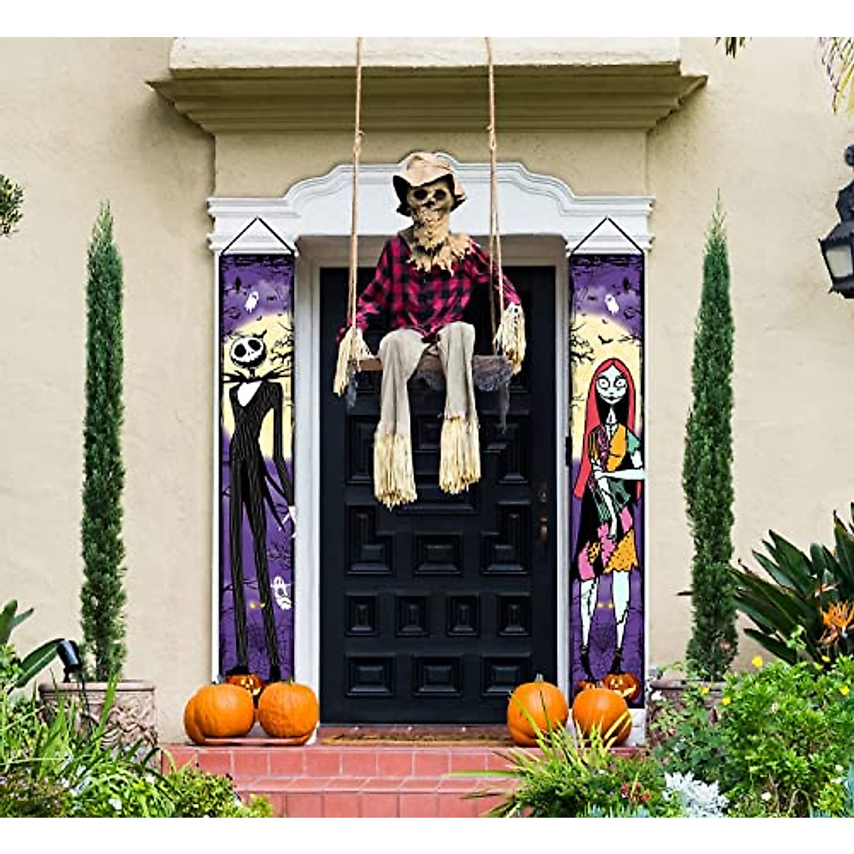 Jack Skellington Porch Sign Banner 2 Pcs 11.8×70.8" Halloween Nightmare Before Christmas Banner Halloween Party Supplies Welcome Sign Halloween Door Banner fall Decorations