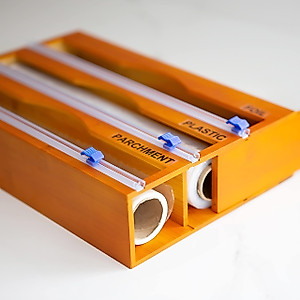 BASILEIA 3 in 1 Plastic Wrap Dispenser with Cutter - Bamboo Foil Organizer with 2 Extra Cutters & 24 Label for Cling Wrap, Aluminum Foil, Wax & Parchment Paper-Rolls up to 12"