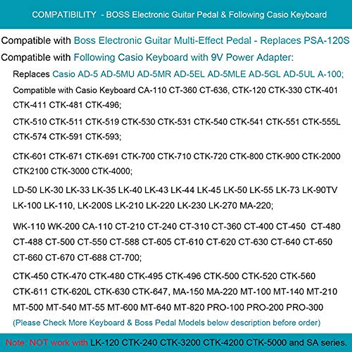 6ft Extra Long AC Adapter for Casio CTK-573 CTK-591 Keyboard Wall Charger Power Supply Cord PSU