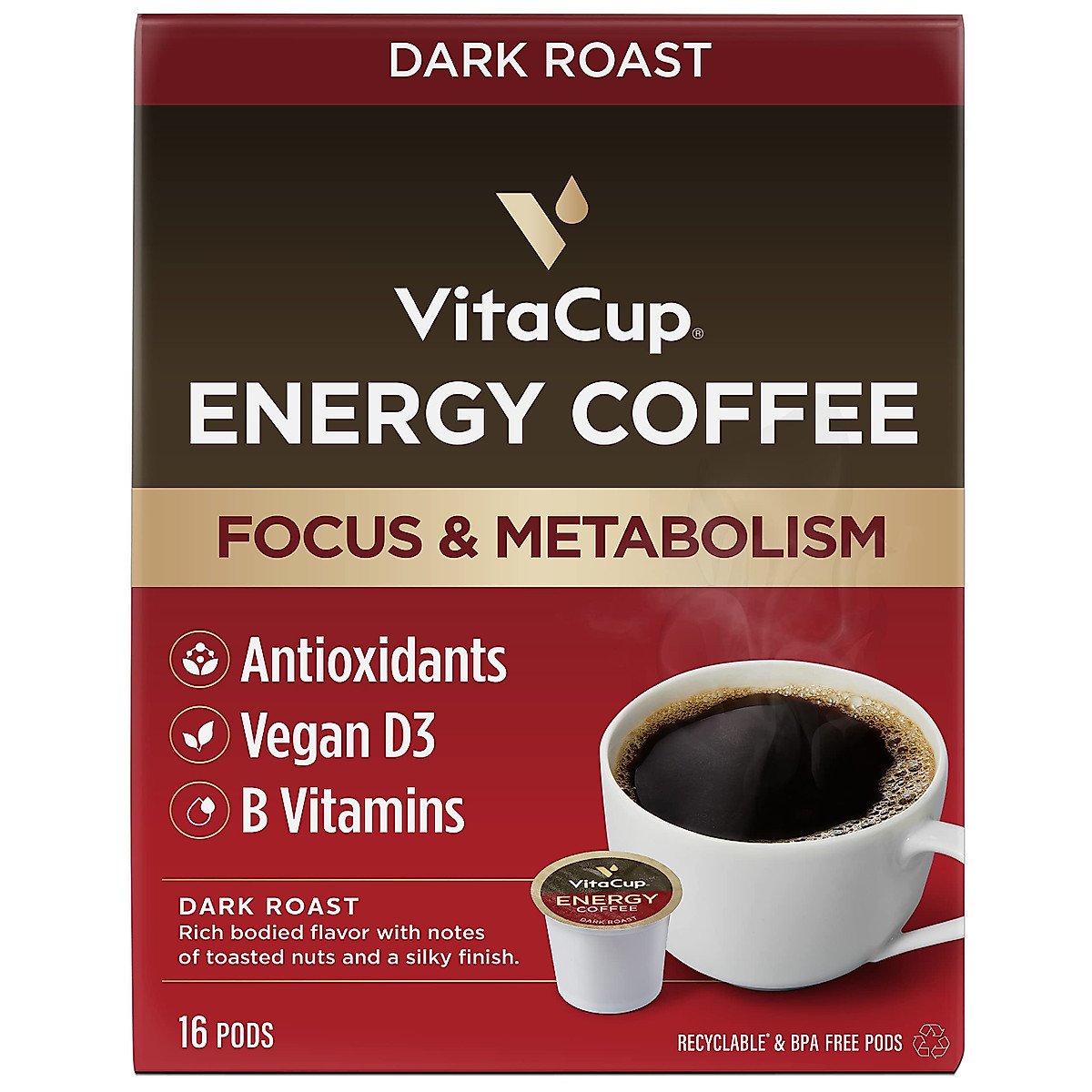 VitaCup Lightning Coffee Pods, Enhance Memory & Focus w/ 2X Caffeine,16CT | Energy Dark Roast Coffee Pods, Boost Focus & Metabolism, Antioxidants, B Vitamins, Bold & Smooth 16CT