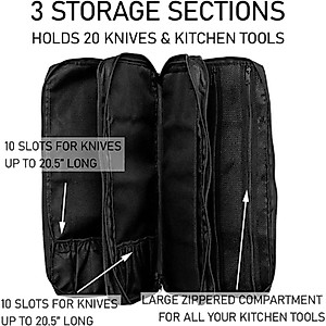 EVERPRIDE Chef Knife Bag Holds 20 Knives PLUS Large Zippered Compartment for Kitchen Tools – Durable, Large Knife Bag for Chefs – Knives Not Included