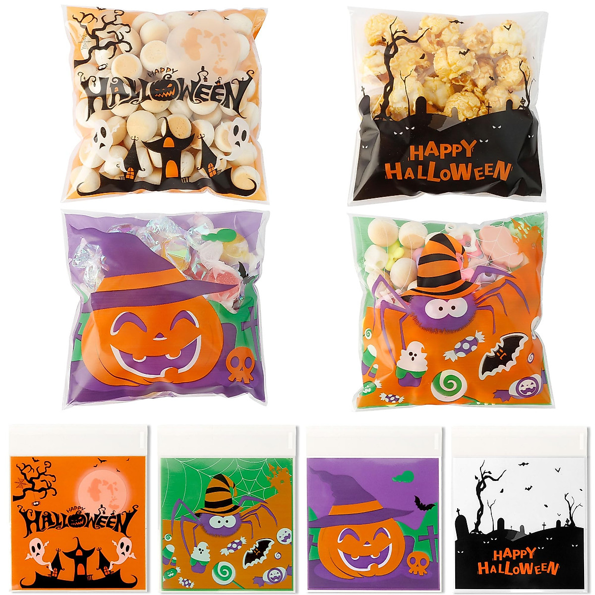 Halloween Treat Bags, 100PCS Self-sealing Halloween Candy Bags, Halloween Trick or Treat Bags Halloween Cellophane Treat Bags Bulk Halloween Decorations Gift Bags Halloween Goodie Snack Bags for Candy