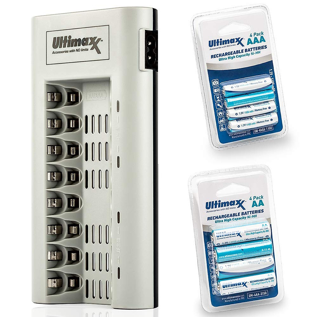 Ultimaxx Charger with Batteries – 8 Port Battery Charger with 4 AA Batteries 3150mAh and 4 AAA Batteries 1100mAh Memory Free- Rechargeable, Ni-MH, Durable & Long-Lasting Batteries