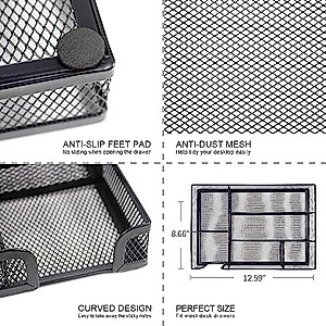 ROSROSE Desk Drawer Organizer Tray, Metal Mesh Drawer Organizer Office w/6 Compartment, Multi-use Desk Organizer Tray Storage for Home Office School Supply, Desktop, 12.6 x 8.7 x1.8in, Black-2 Pack