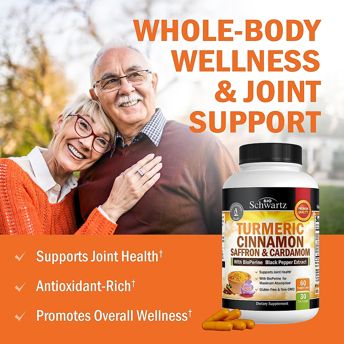 Turmeric Supplement with Saffron, Cinnamon and Cardamom Plus BioPerine Black Pepper Extract for Optimal Absorption, Natural Tumeric Curcumin Joint Support Supplement for Women and Men, 60 Capsules