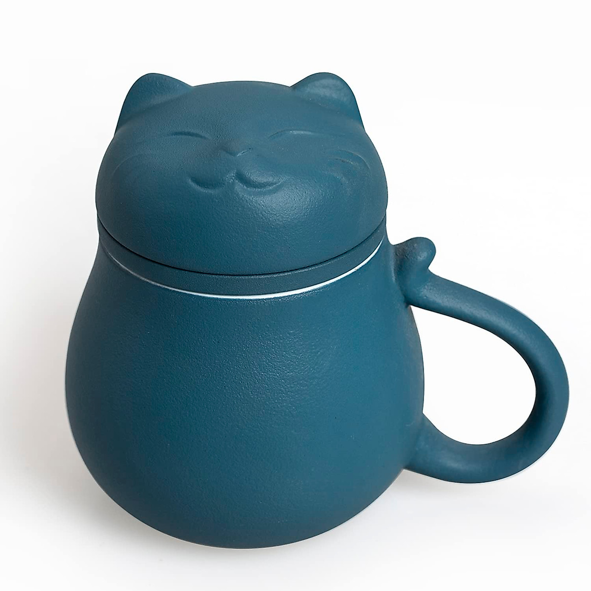 Ceramic Tea Mug with Infuser and Lid Cute Lucky Cat Design Coffee Mug with Lid Ceramic Tea Cup with Filter for Steeping Loose Leaf (Blue)