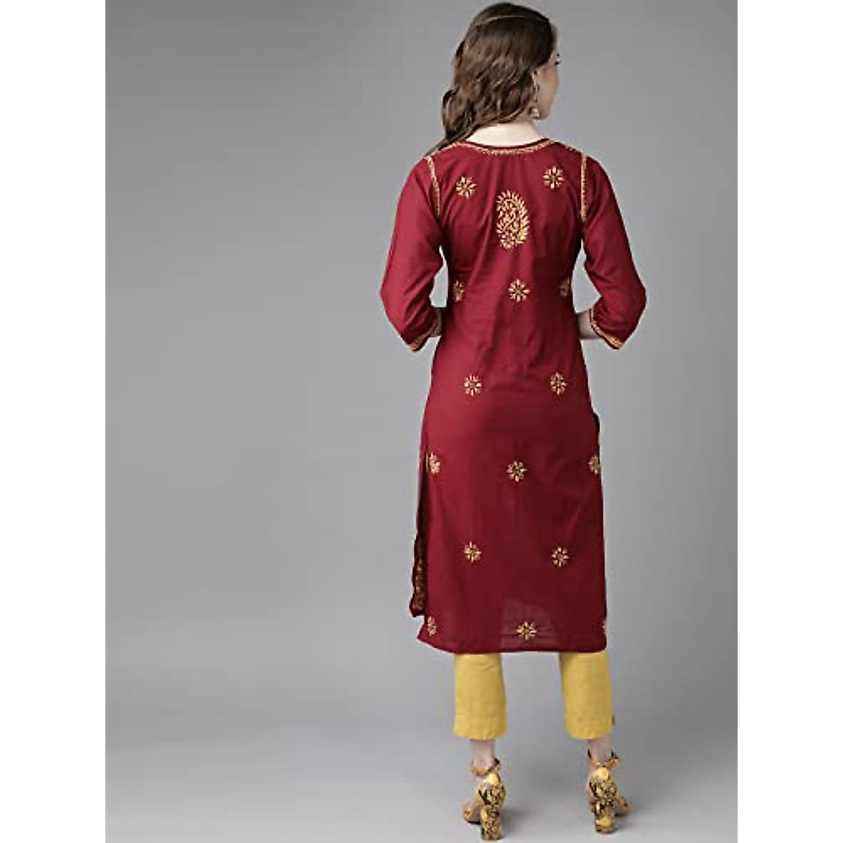 Ada Hand Embroidered Indian Traditional Chikan Women's Cotton Kurti Kurta Tunic Dress A188266 (XL, Maroon)