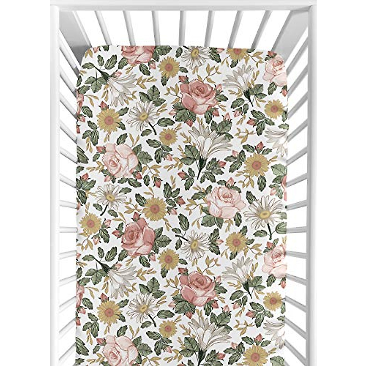Sweet Jojo Designs Blush Pink Yellow Vintage Floral Boho Girl Baby Fitted Crib Sheet Set Infant Newborn Nursery Toddler Bed Room Standard Mattress 2pc Bohemian Shabby Chic Flower Farmhouse Sage White