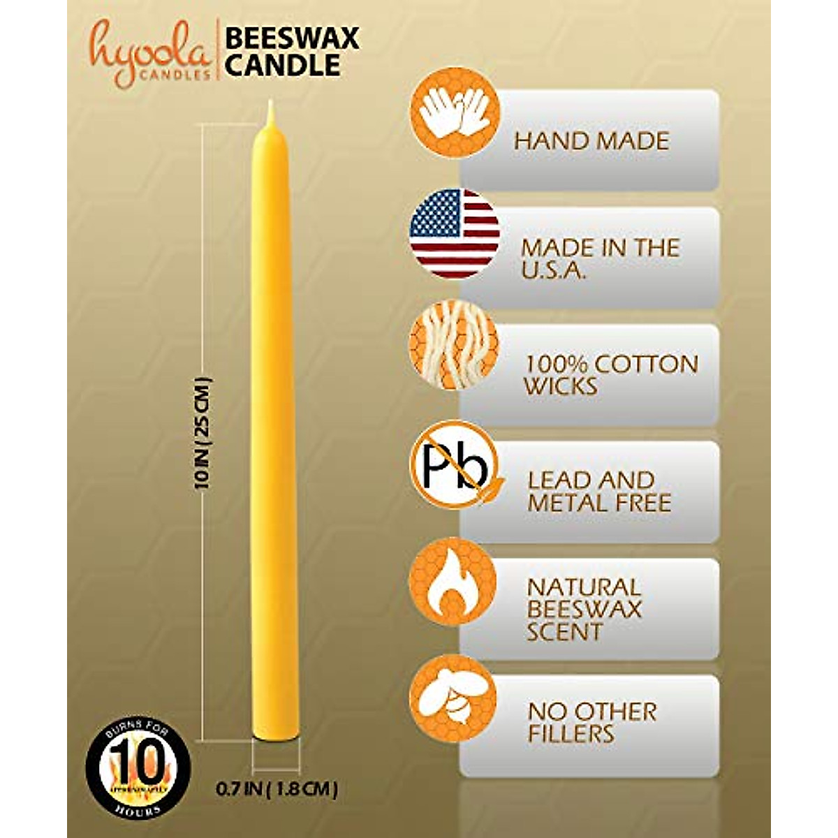 Hyoola 10 Inch Beeswax Taper Candles - 12 Pack - Handmade, All Natural, 100% Pure Unscented Bee Wax Candle - Tall, Decorative, Golden Yellow - 10 Hour Burn Time