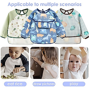 SUPTMAX 3 Pack Long Sleeve Bibs, Waterproof Baby Feeding Bib (gray-blue, gray, avocado)