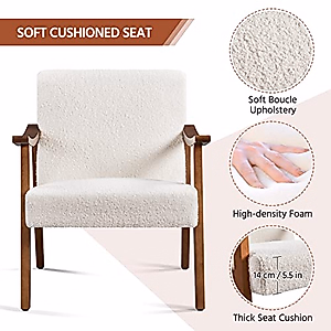 Yaheetech Fabric Accent Chair, Mid-Century Modern Armchair with Solid Wood Legs, Reading Leisure Chair with High Back for Living Room Bedroom Waiting Room,Ivory