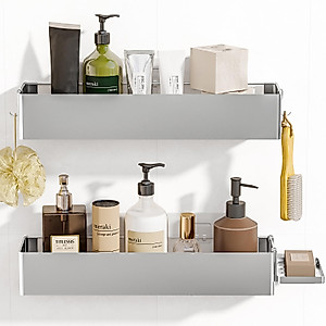 Fixwal 3 Pack Shower Caddy Bathroom Organizer Shelf with 4 Hooks, Rustproof Strong Adhesive Storage Rack with Soap Holder No Drilling for Inside Shower Home Kitchen Organizer (Silver)