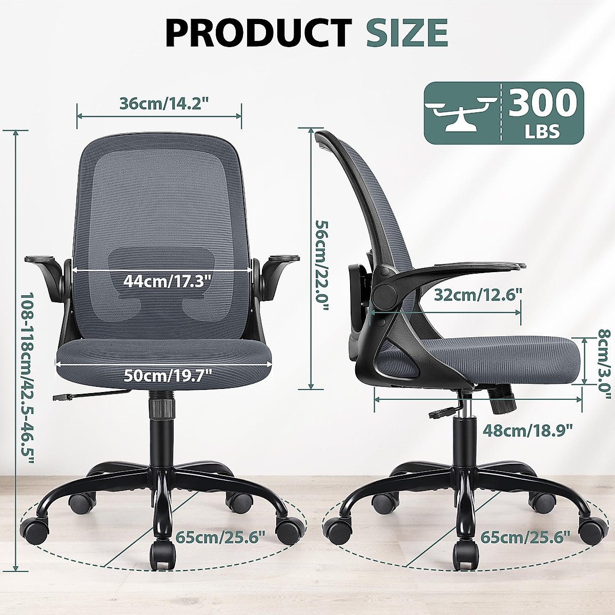 Winrise Office Chair Ergonomic Desk Chairs with Lumbar Support and Flip-up Arms, Comfortable Breathable Mesh Computer Executive Chair with Swivel Task, Adjustable Height 4'', Home, Bedroom - Dark Gray