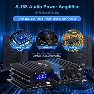 Bluetooth Audio Power Amplifier S188 2.1CH 40Wx2+50W Output Hi-Fi Subwoofer Amplifier Integrated Mini Stereo Amp Receiver W/USB,AUX,Remote Control for Home Car Speakers