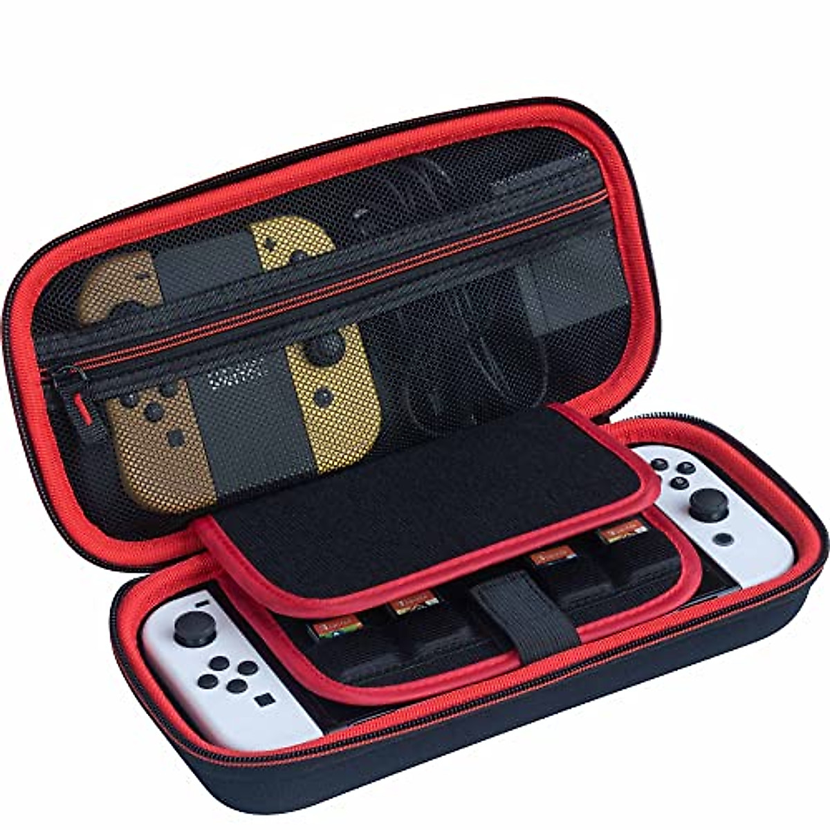 ButterFox Switch Carrying Case for Nintendo Switch OLED, Fits Charger, Joy Con Grip, 18 Games and Protective Case (Black/Red)