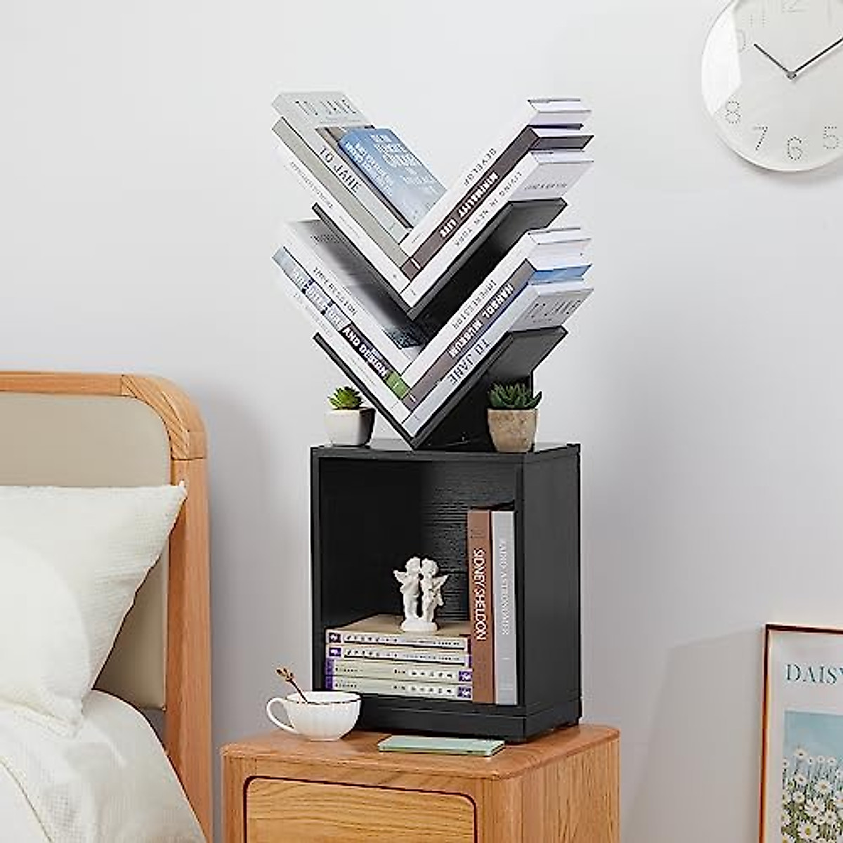 ruboka 2-Shelf Tree Bookshelf with Storage, 26.5-Inch Retro Floor Standing Bookcase Display for CDs/Magazine/Books, Small Bookshelf for Bedroom, Living Room, Office, Black Storage Shelves DESK52B