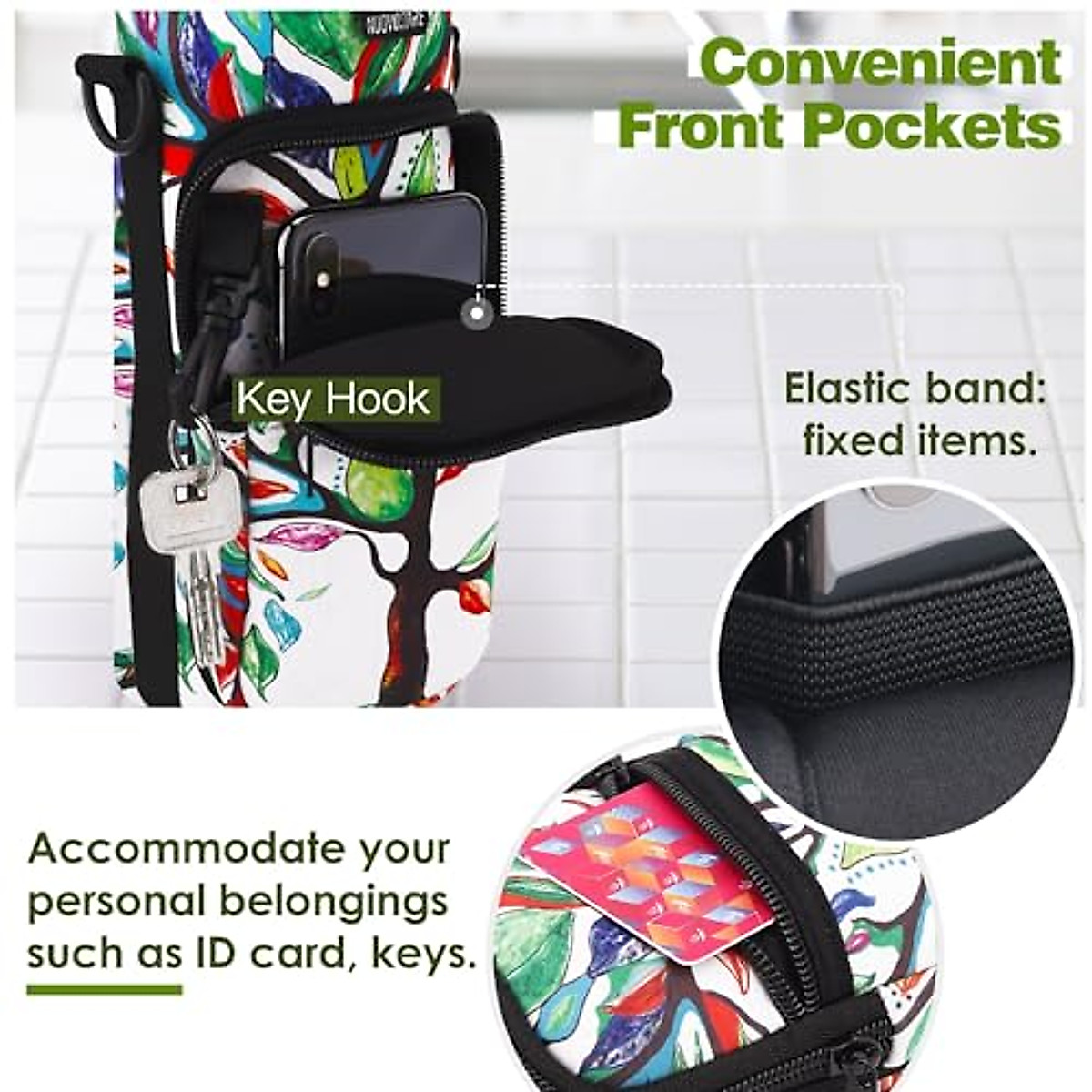 Nuovoware Water Bottle Carrier Bag, 25oz/32oz Bottle Pouch Holder, Adjustable Shoulder Hand Strap 2 Pocket Sling Neoprene Sleeve Sports Water Bottle Bag for Men Women Hiking Travel, Lucky Tree