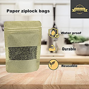 spear Kraft Paper Stand Up Food Storage - Bags with Window Zip Lock Pouch Bags,Resealable Seal Zipper Matt Small Treat Cookie Baked Goods Tea Bakery Rice for Packaging Brown 2 Different Sizes 100 pcs: 6 x 4 in(40pcs) and 4x3 in(60pcs) and 1 Bamboo Wood Sp