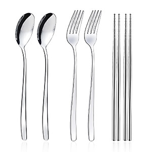 2 Pack Reusable Flatware Sets Fork, Spoon, Chopsticks, 6Pcs Travel Utensils Portable Camp Reusable Flatware Silver Reusable Flatware